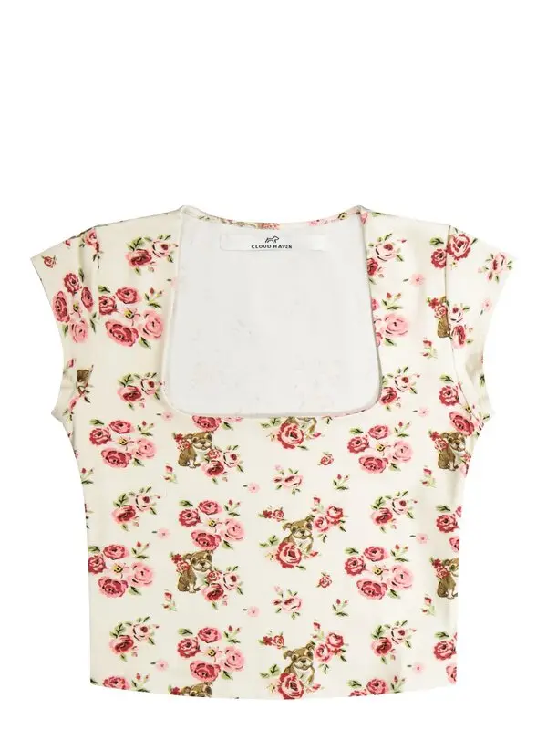 CLOUD HAVEN White / Brown / Red Rose Bulldog Square Neck Tee In Soft Red - White/brown/red