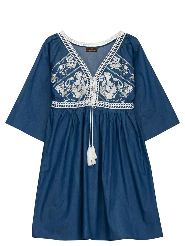 TANTRA SPAIN SL Tunic Style Mini Dress With Embroidered Details In Chest - Blue