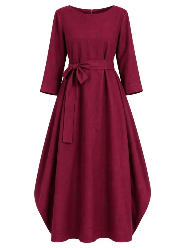 NIKKA PLACE Oversized Maxi Linen Dress With Belt In Burgundy - Red