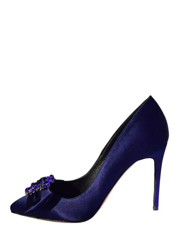 AETHRA SHOES Amor Navy Satin Crystal-embellished Pointed Toe Stiletto Pumps - Blue