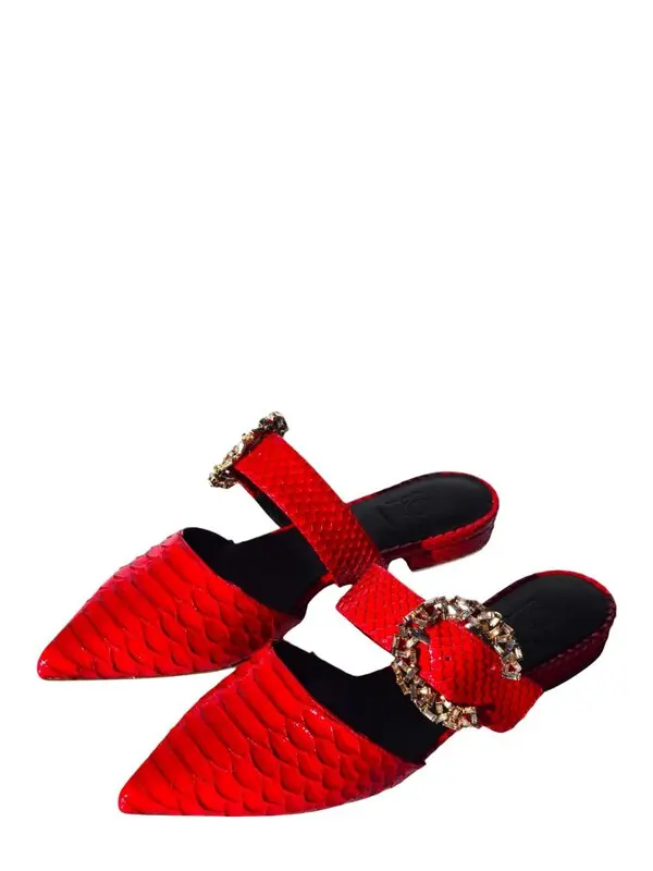 AETHRA SHOES Adel Leather Crystal Buckle Mule Flats - Red