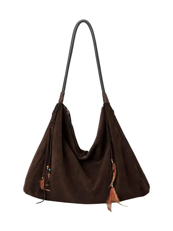 JUAN-JO Dark Suede Oversized Bag With Fringes - Brown