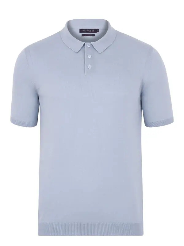 PAUL JAMES KNITWEAR Ultra Fine Cotton Earll Short Sleeve Polo Shirt Chalk Blue - Silver