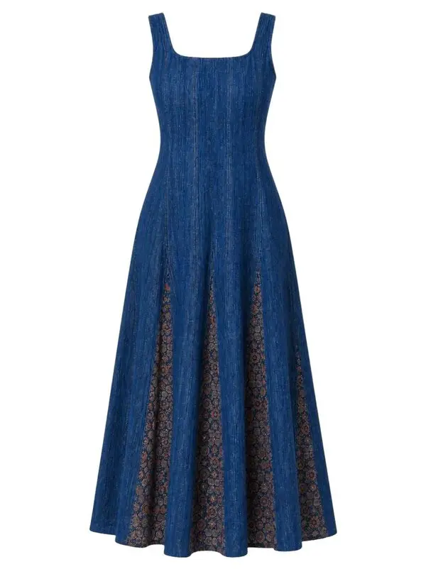 CHARKHA & LOOM Artemis Handspun Handwoven Cotton Denim Midi Dress - Blue