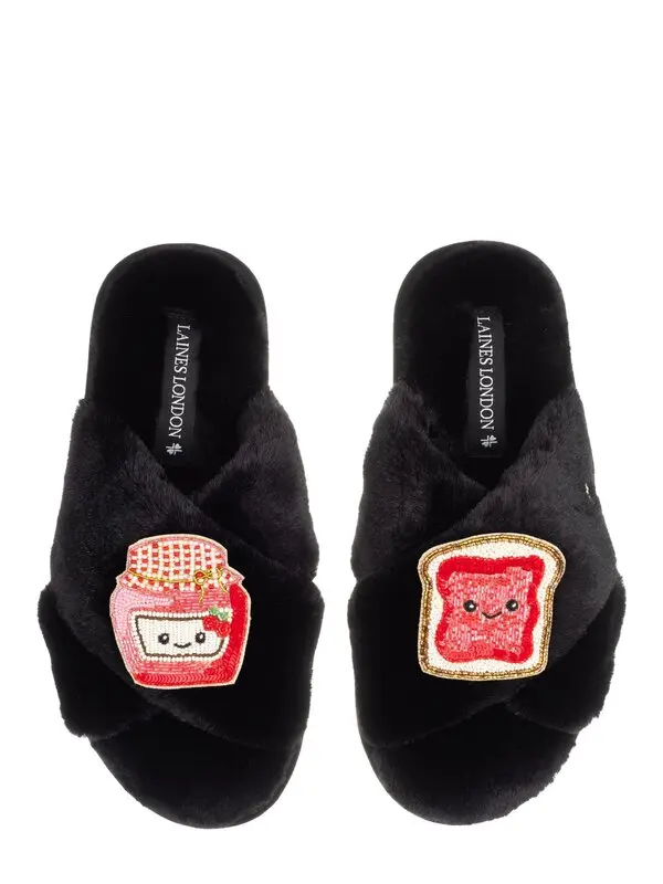 LAINES LONDON Classic Slippers With Laines Lovables Jam & Toast Brooches - Black