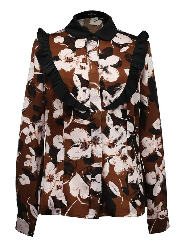 SMART AND JOY Ruffle Macro Flower Print Shirt Coffee - Brown
