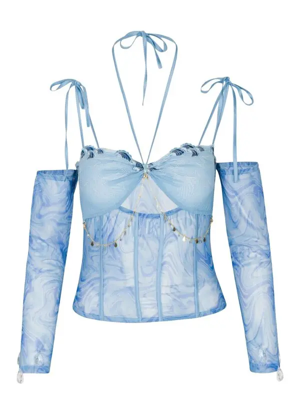 EMPRESS MIMI Siren Song Embroidered Corset Top With Wave Print And Diamond Detail - Blue