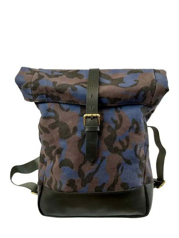 VIDA VIDA Camo Canvas And Leather Roll Top Backpack - Blue