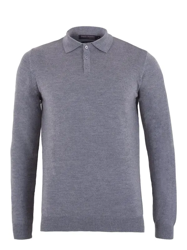 PAUL JAMES KNITWEAR Extra Fine Merino Wool Turner Long Sleeve Polo Shirt Mid - Grey