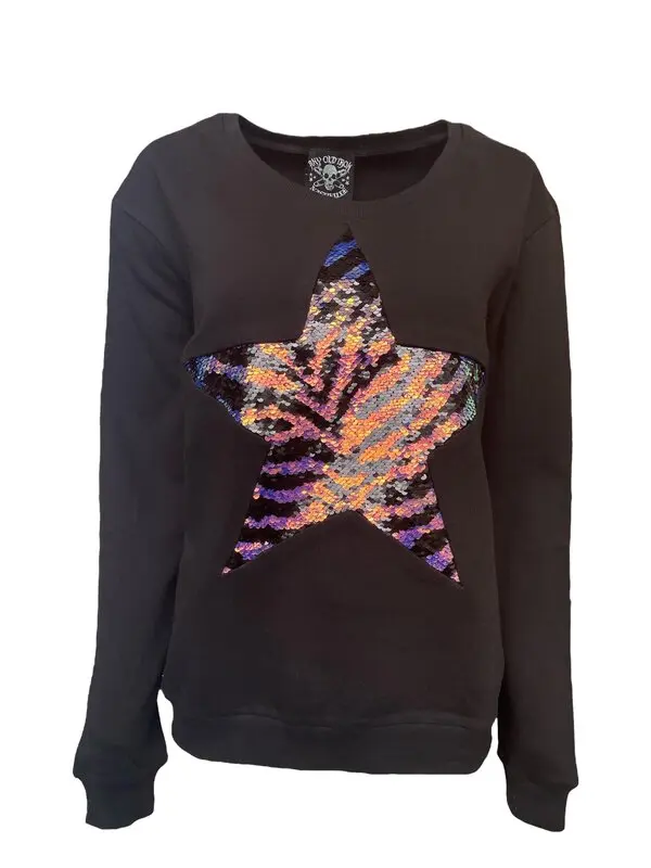 ANY OLD IRON Black / Blue Iridescent Zebra Large Reversible Sequin Star Sweatshirt - Black/blue