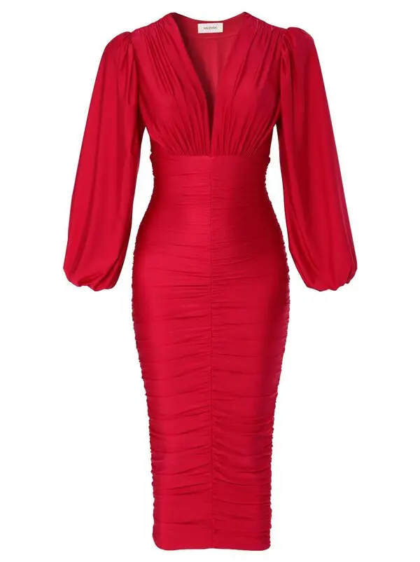 AGGI BY HALEWSKI Gloria Long Sleeve Draped Dress - Red