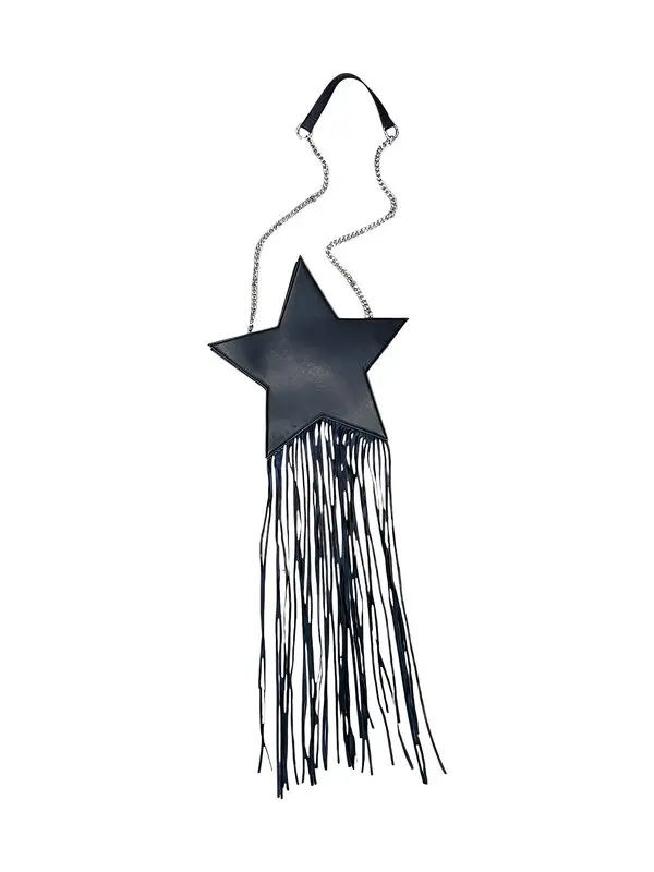 ANY OLD IRON Black / Silver Black Star Leather Fringe Bag With Silver Chain - Black/silver