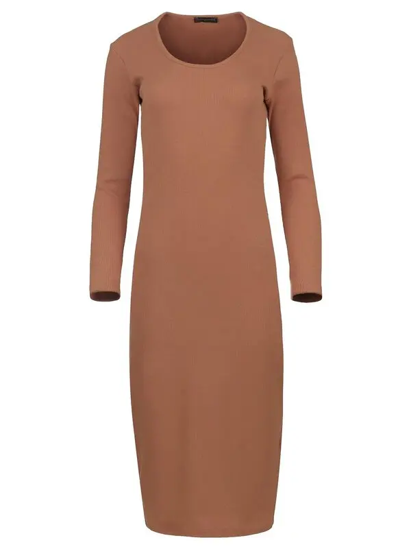 CONQUISTA Long Sleeve Round Neck Midi Dress In Ribbed Cotton-elastane Chocolate - Brown