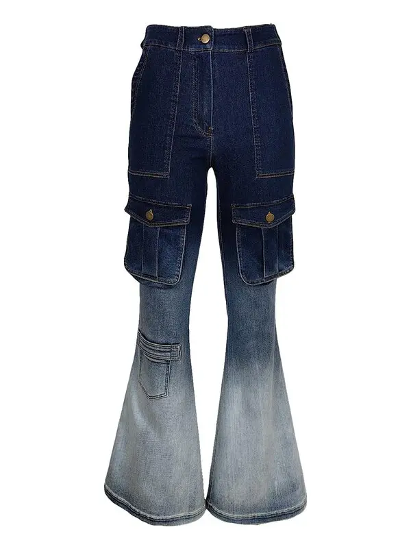LALIPOP DESIGN High Waisted Ombre Effect Flared Cargo Denim Pants - Blue