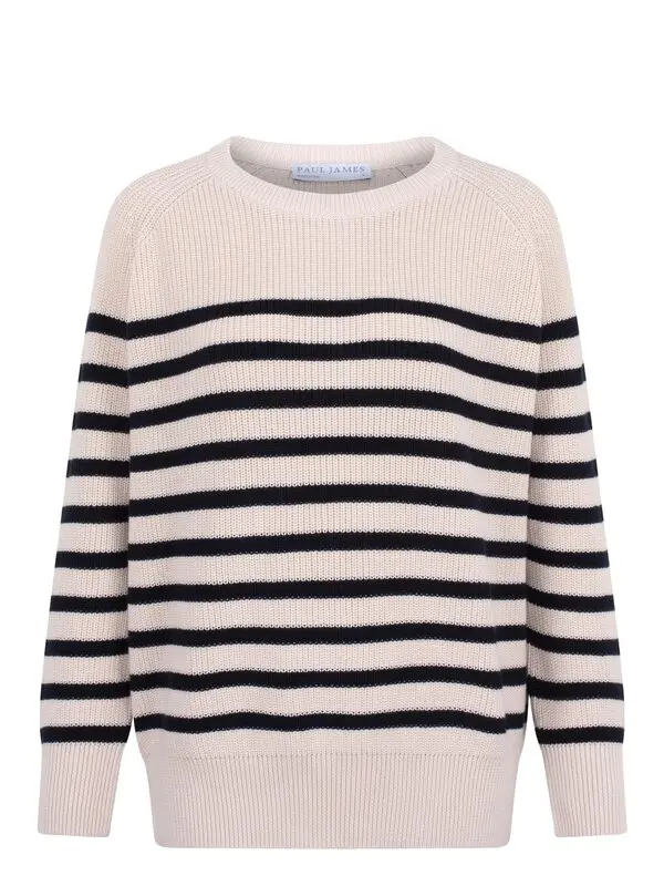 PAUL JAMES KNITWEAR Neutrals / Cotton Ribbed Breton Tiana Jumper Ecru - Black