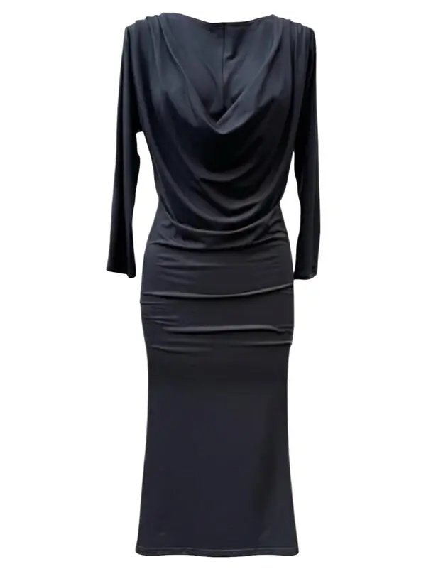 IMAATU Oshun Dress Sculpting Elastic Viscose Waterfall Drape Three Quarter Sleeves Midi - Black