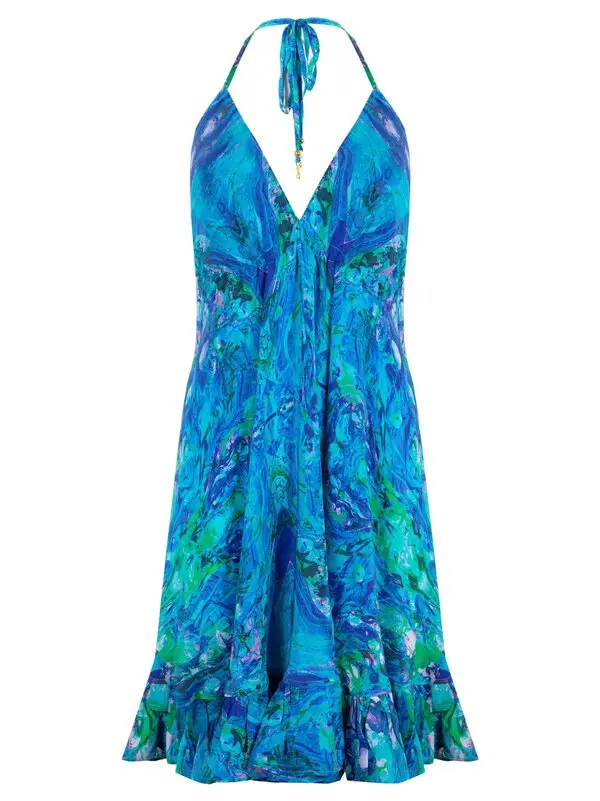 SOPHIA ALEXIA Turquoise Glow Silk Mini Ibiza Dress - Blue