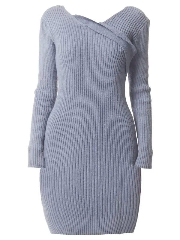 SOUR FIGS Asymmetric Slant Band Knit Midi Dress In Cadet - Grey