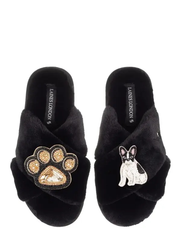 LAINES LONDON Classic Laines Slippers With Paw & & White Sitting French Bulldog Brooches - Black