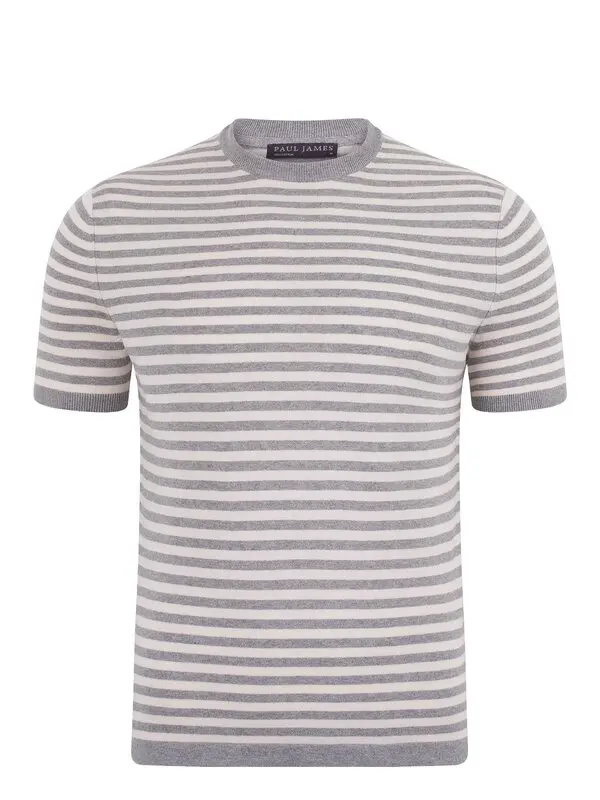 PAUL JAMES KNITWEAR Ultra-fine Cotton Miguel Knitted Breton T-shirt Ash - Grey