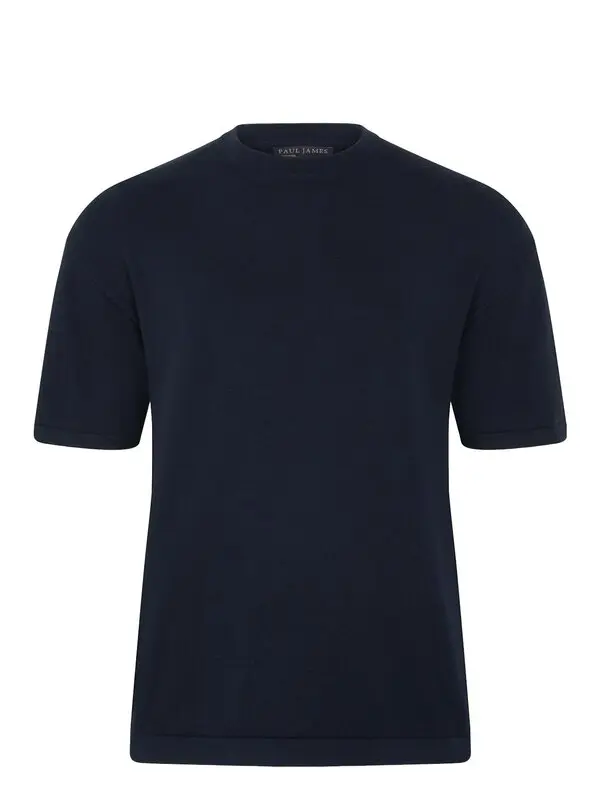 PAUL JAMES KNITWEAR Lightweight Cotton Ewann Oversized Knitted T-shirt Navy - Blue