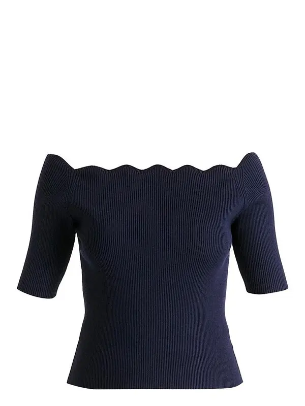 PAISIE Scallop Neck Knit Top In Navy - Blue