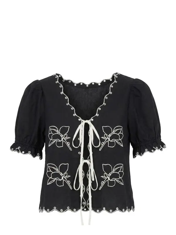 MODENAIRE Embroidered Blouse Sculpted Tie Front - Black