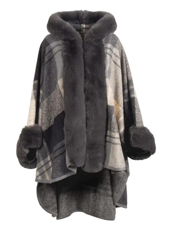 Saachi Faux Fur Kimono Plaid - Black