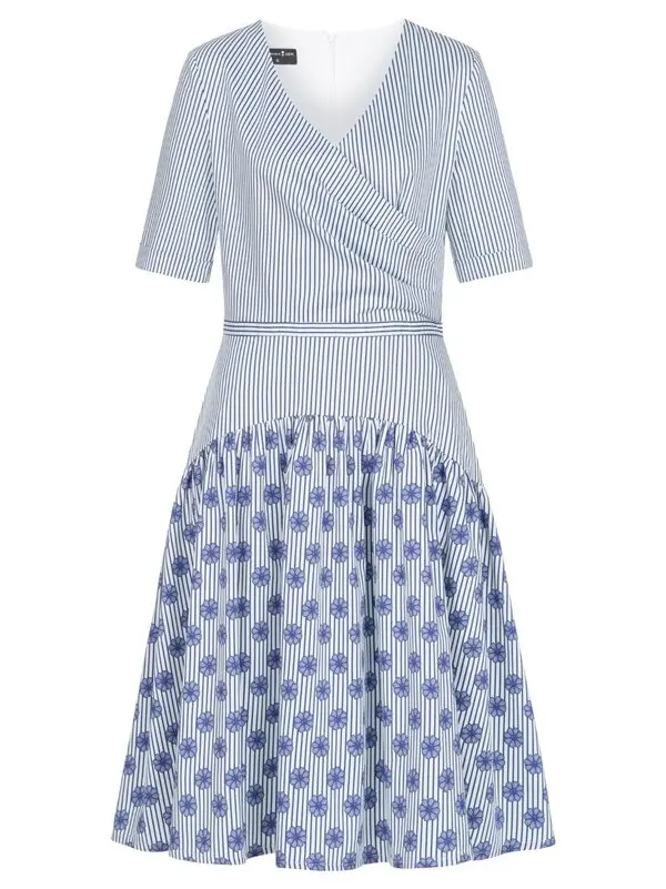 MARIANNA DÉRI Blue / White Print Stripe And Bloom Print Dress - Blue/white
