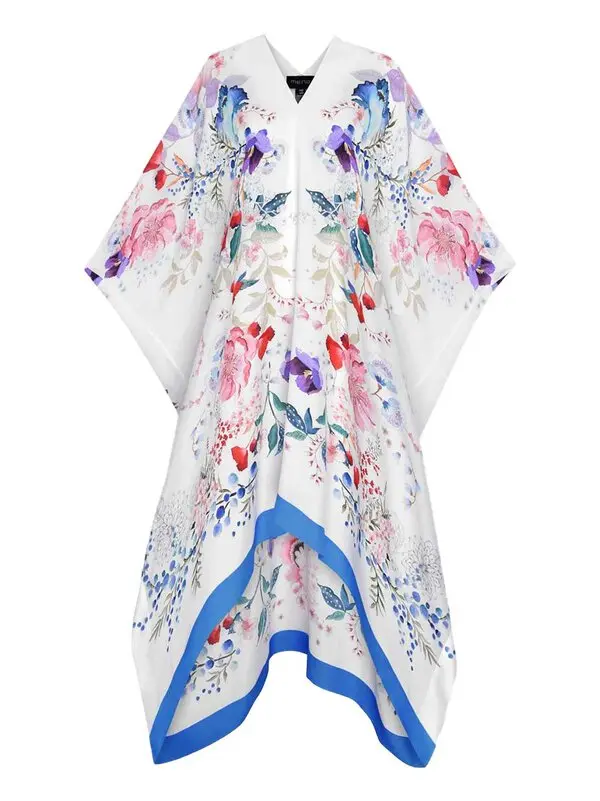 MENG Watercolour Flowers Silk Georgette Kaftan - White