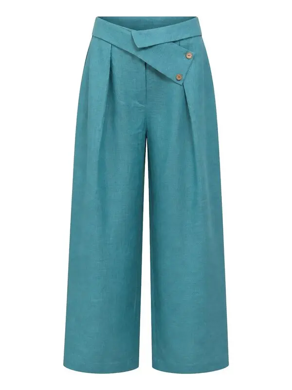 LUMINA ELIGMA The Wrapline Linen Trouser Teal - Blue