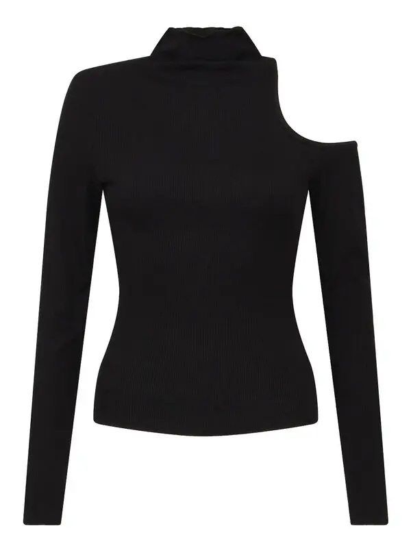 SOUR FIGS Asymmetric One-shoulder Cutout Turtleneck Knit Top - Black