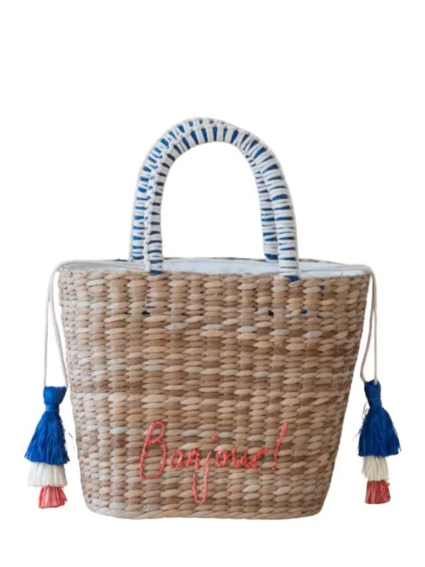 Likhâ Neutrals / Blue / Red Handwoven Seagrass Bonjour Tote Bag With Tassels - Blue/red