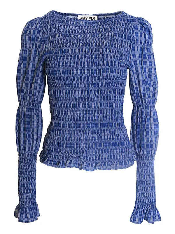 AMY LYNN Iris Indigo Checkerboard Cotton Smocked Sleeve Top - Blue
