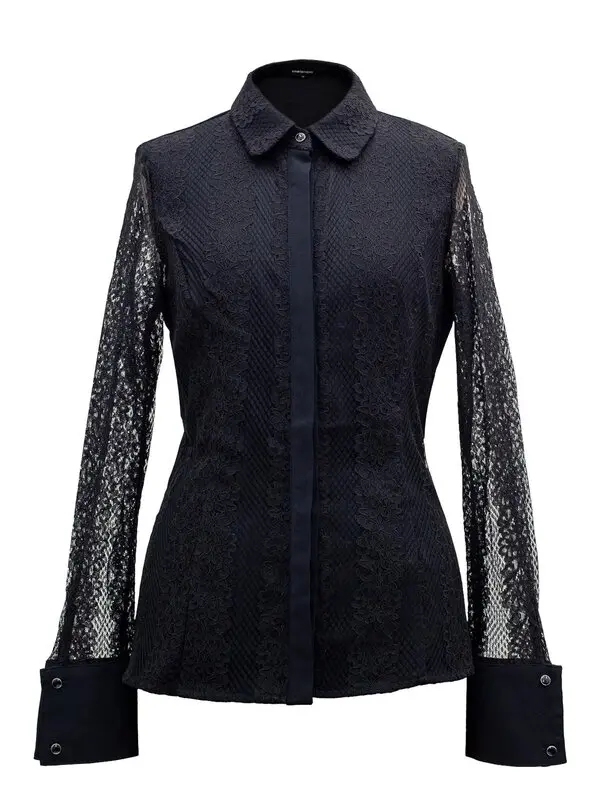 SMART AND JOY Fitted Long Sleeves Lace Shirt - Black