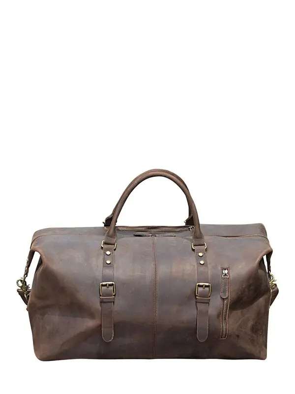 TOURI Zip Detail Genuine Leather Holdall Worn Dark - Brown
