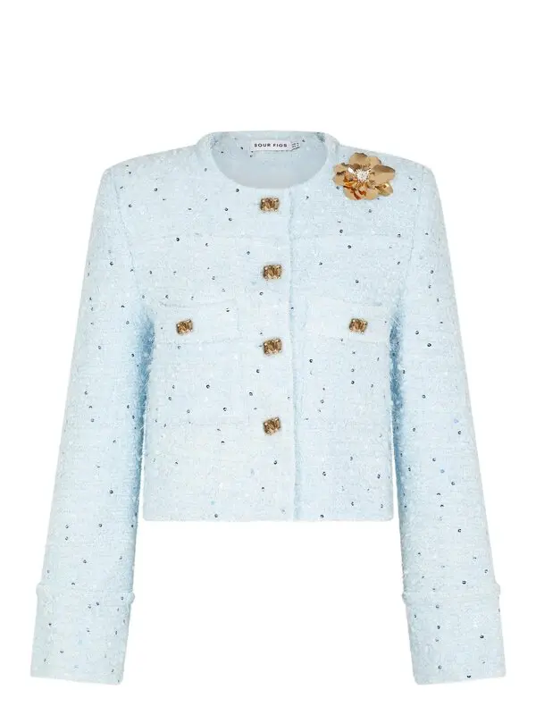 SOUR FIGS Blue / White Sequined Brooch-detail Wool Blend Bouclé Tweed Jacket In Baby Blue - Blue/white