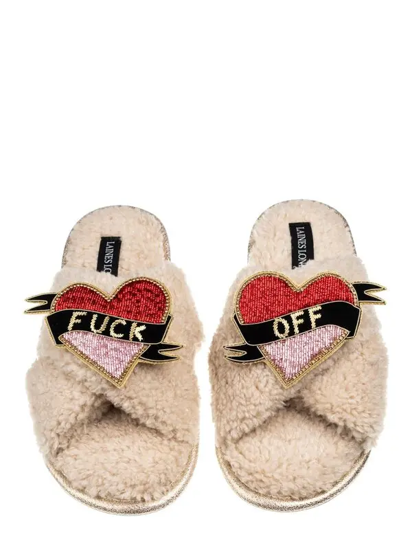 LAINES LONDON Neutrals Laines Neutral Boucle Slippers With Fuck Off Brooches Oatmeal - Brown