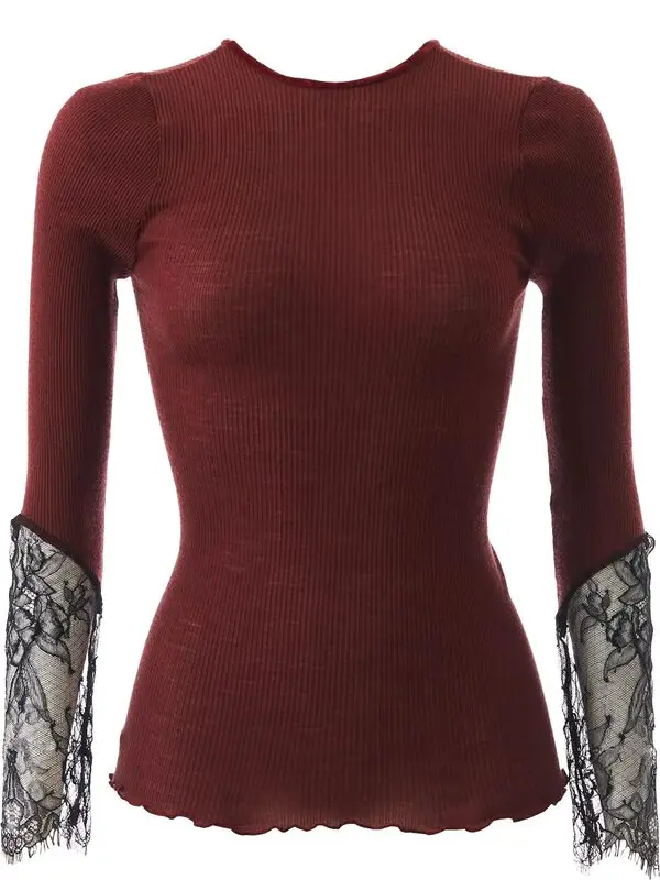 AROMATIQUE Ultra-soft Ribbed Wool Long Sleeve With Lace Cuffs Bordeaux - Red
