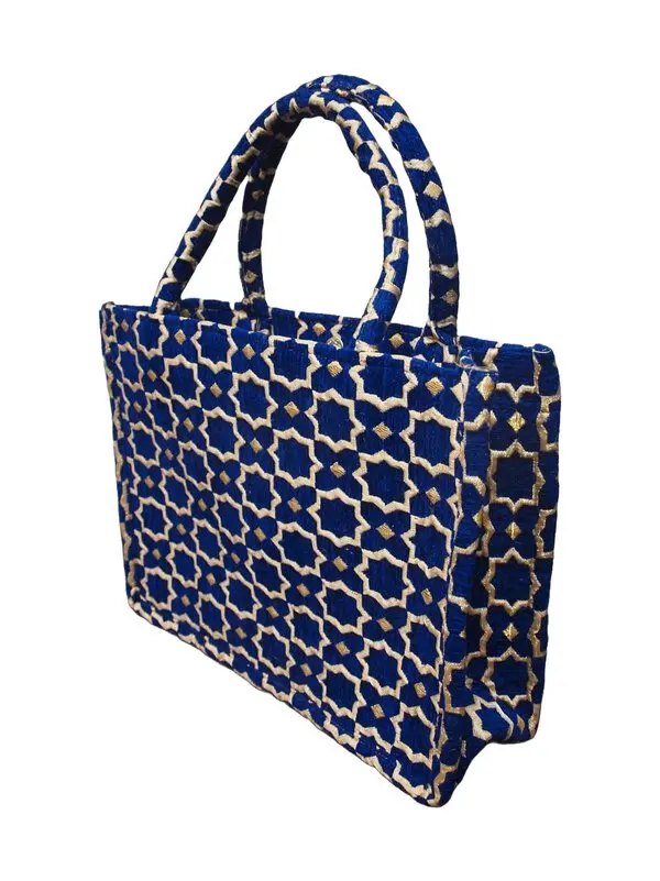 BERBER LEATHER Moroccan Print Fabric Tote Bag - Blue