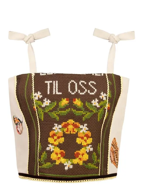 RONDOOZ Nordic Crown Hand Painted Linen Gobelin Crop Top With Antique Tapestry - Brown