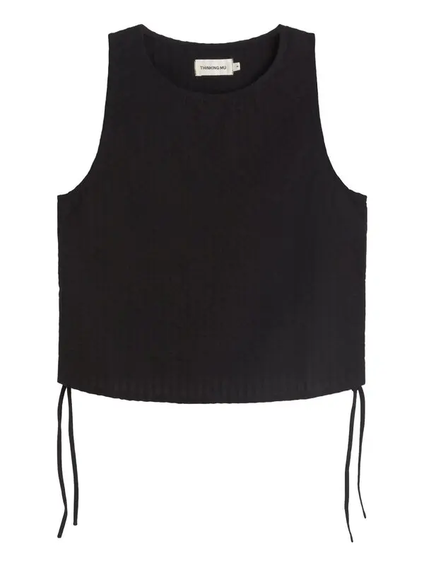 THINKING MU Gathered Seersucker Florence Top - Black
