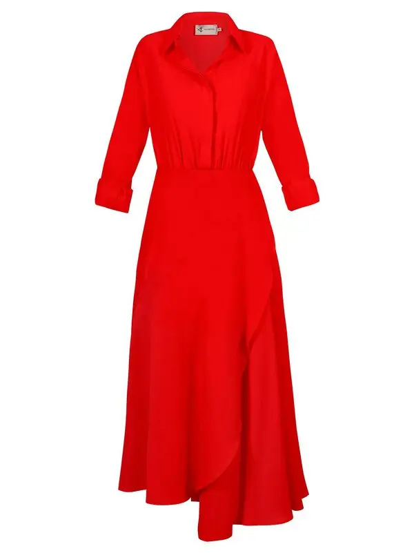 ALINA CERNATESCU Ye Midi Shirt-style Viscose Dress With Asymmetric Skirt And Long Sleeves Ye - Red