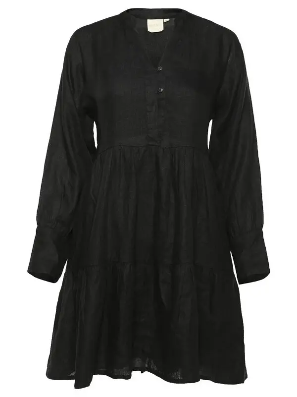 REISTOR V-neck Tiered Hemp Dress - Black