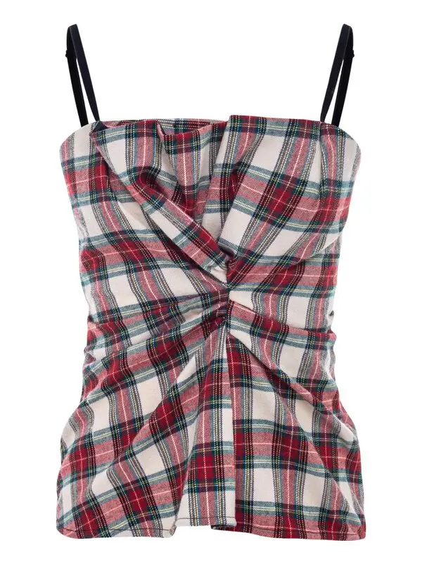SEROTONINN Burgundy Tartan Cotton Flannel Draped Corset Top - Red