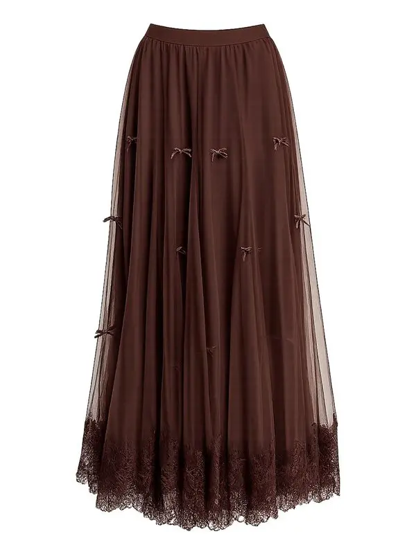 TANTRA SPAIN SL Midi Tulle Skirt With Lace At The Bottom And Bow Details - Brown