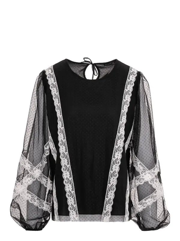 CONCEPT A TROIS Tulle Blouse With Polka Dots And Lace Details - Black