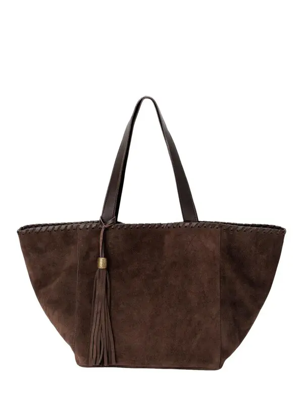 JUAN-JO Suede Tote Bag Leather Trim & Tassel - Brown
