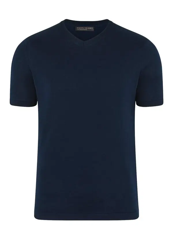 PAUL JAMES KNITWEAR Superfine Mercerised Cotton Adriano V Neck Knitted T-shirt Navy - Blue
