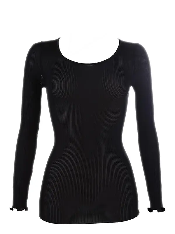 AROMATIQUE Pure Ribbed Silk Crewneck Top - Black